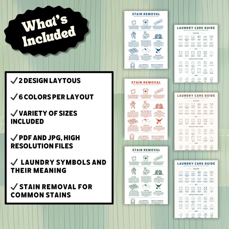 Set of 2 Laundry Room Care Guide | Laundry Symbols | Stain Removal ...