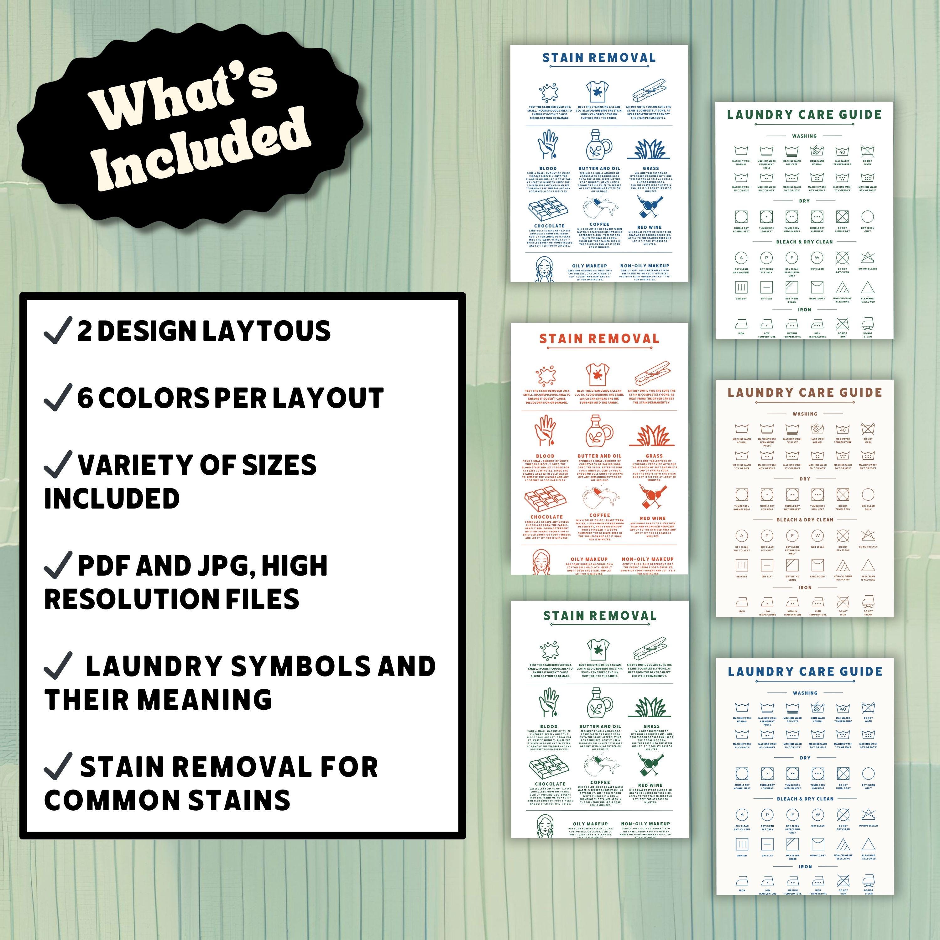 Set of 2 Laundry Room Care Guide | Laundry Symbols | Stain Removal ...