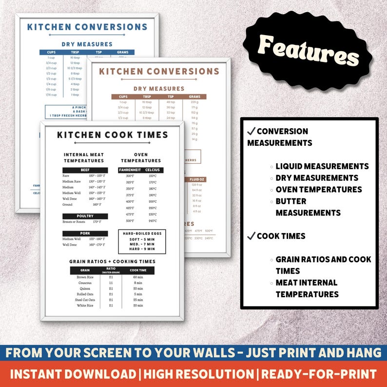 Set of 2 Kitchen Measurements Conversion Chart Baking Cheat Sheet Oven ...