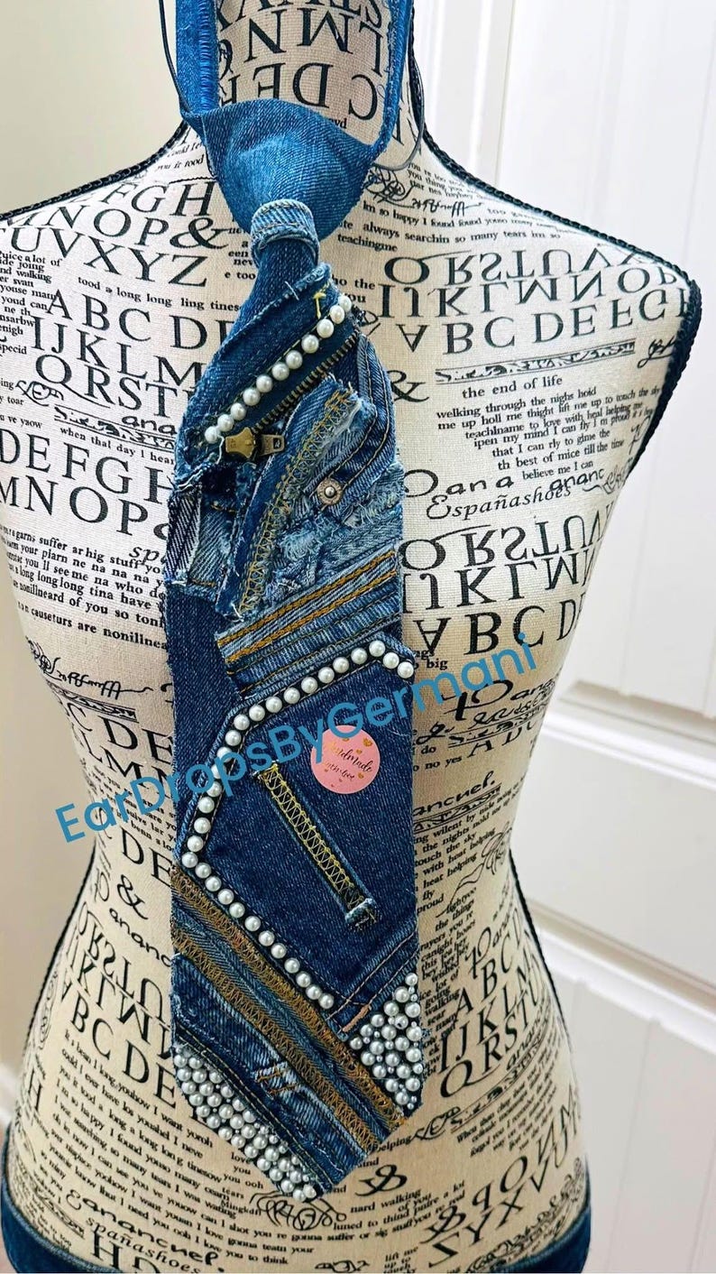 Distressed Denim Pearls Patchwork Necktie Necklace (as Shown or Similar Style - Please See All ...