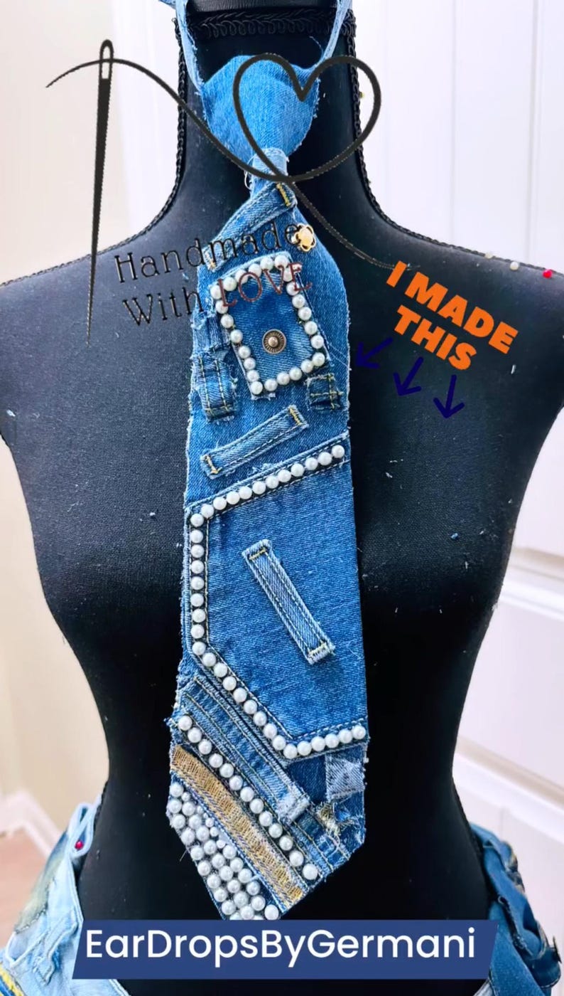 Distressed Denim Pearls Patchwork Necktie Necklace (as Shown or Similar Style - Please See All ...