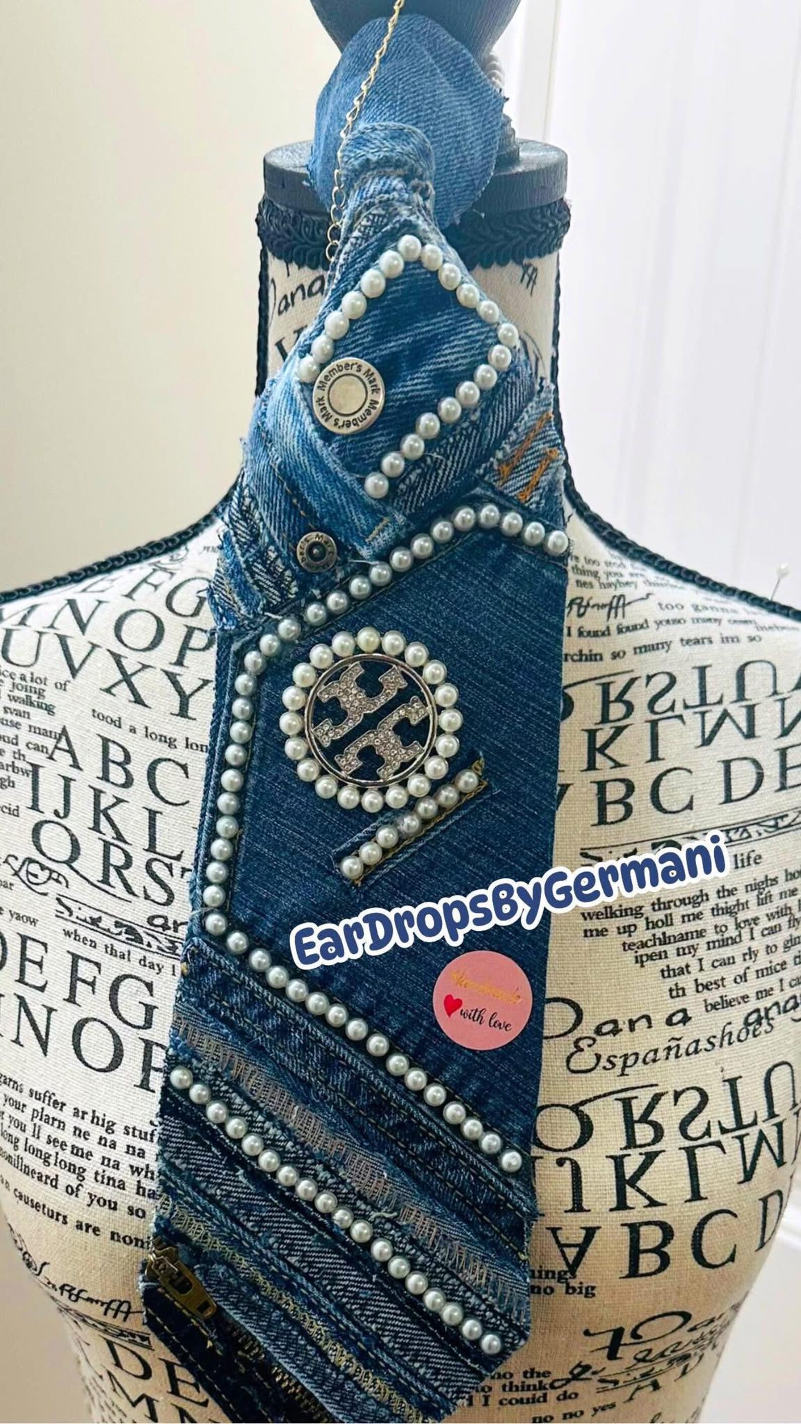 Distressed Denim Pearls Patchwork Necktie Necklace (as Shown or Similar Style - Please See All ...