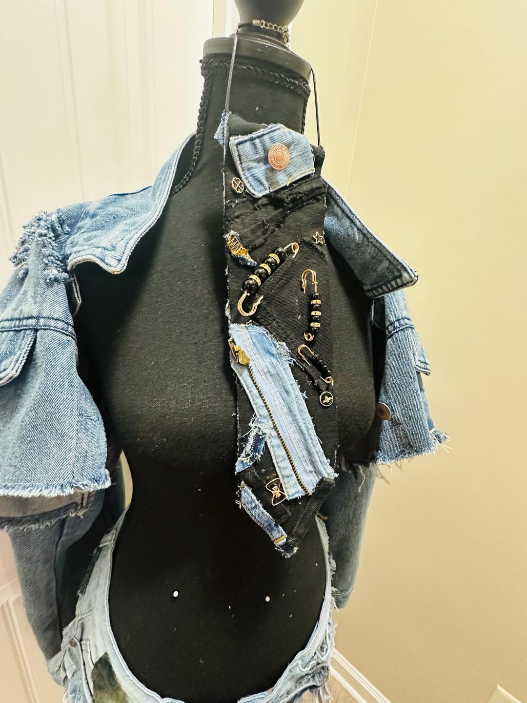 Black Denim Patchwork Brooch Neck Tie handmade or Similar Style - Etsy ...
