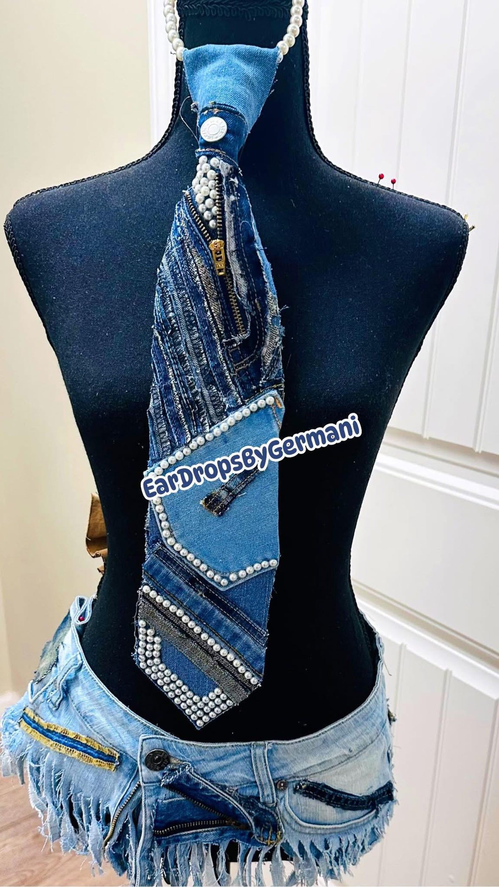 Distressed Denim Pearls Patchwork Necktie Necklace (as Shown or Similar Style - Please See All ...