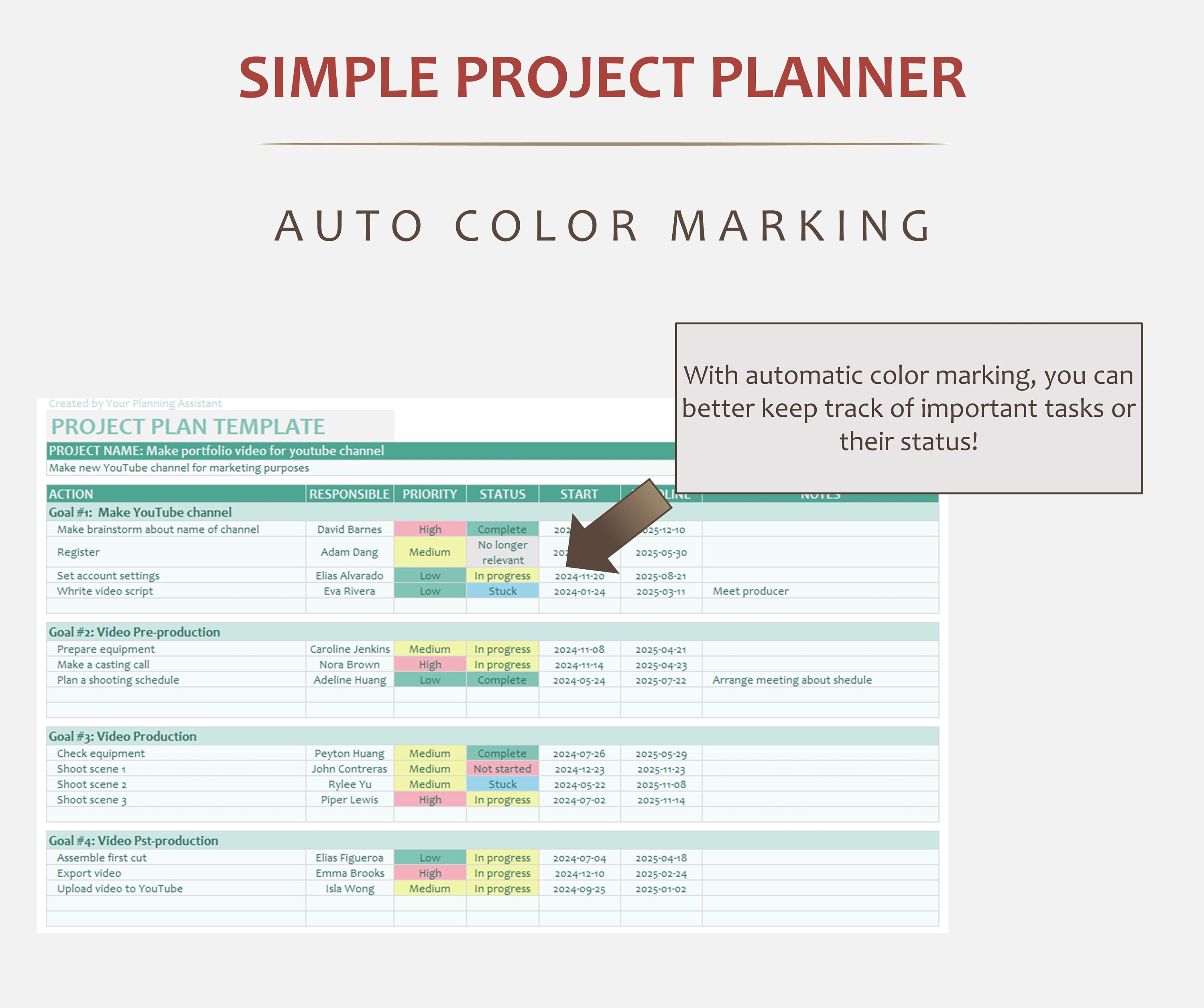 Simple Project Planning Spreadsheet, Auto Color Marking, Deadline Set ...