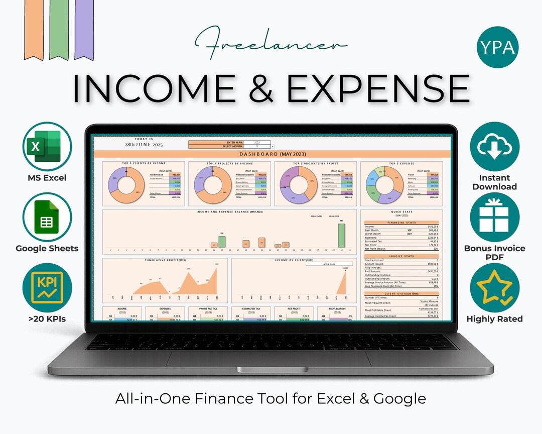 Freelancer Income Expense Tracker: Excel + Google Sheets, Invoice ...