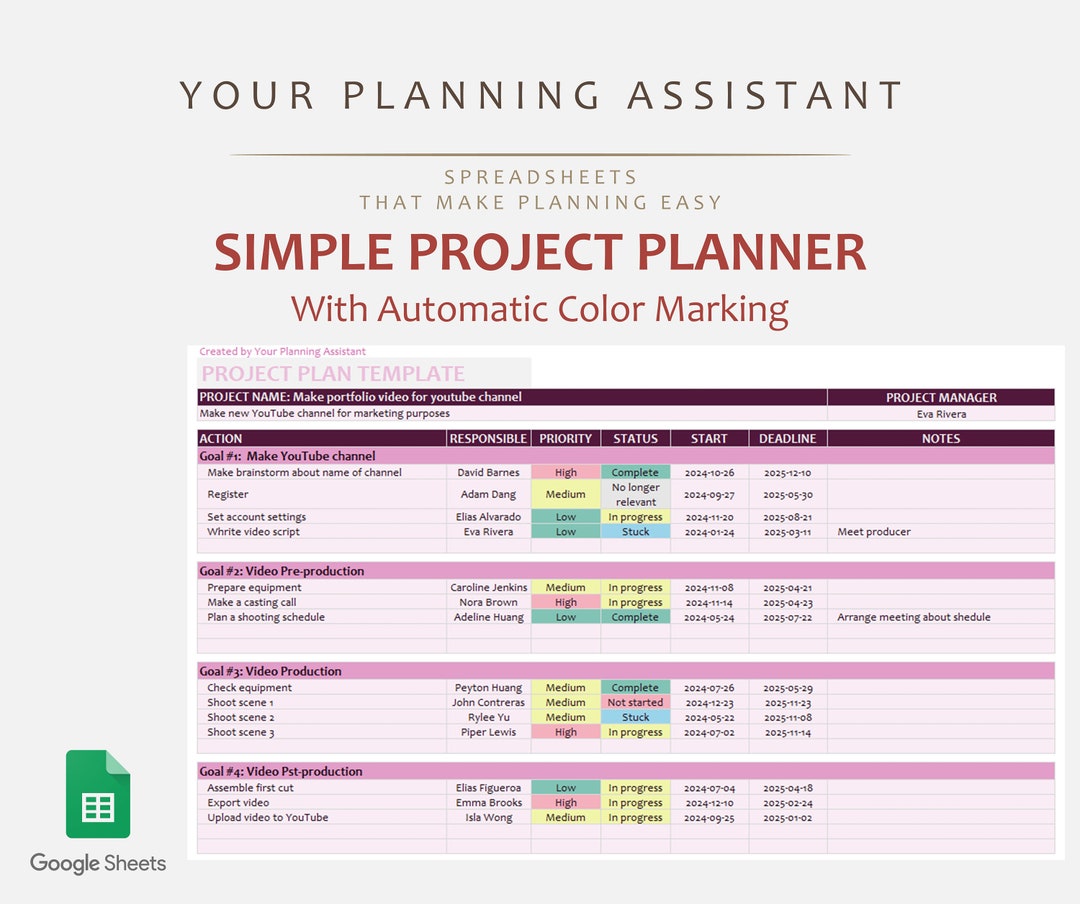 Simple Project Planning Spreadsheet, Auto Color Marking, Deadline Set ...