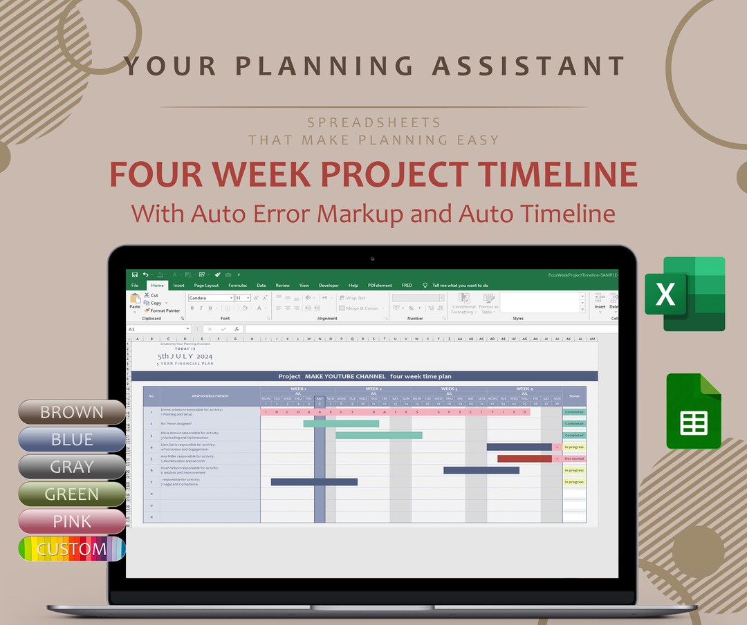 4 Week Project Timeline Spreadsheet, Auto Color Marking, Auto Time ...