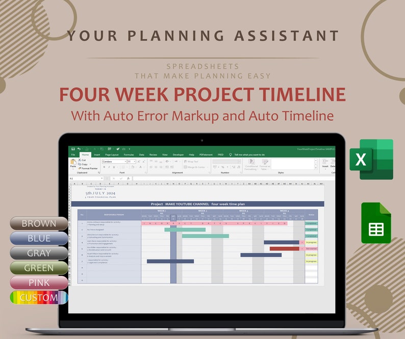 4 Week Project Timeline Spreadsheet, Auto Color Marking, Auto Time ...