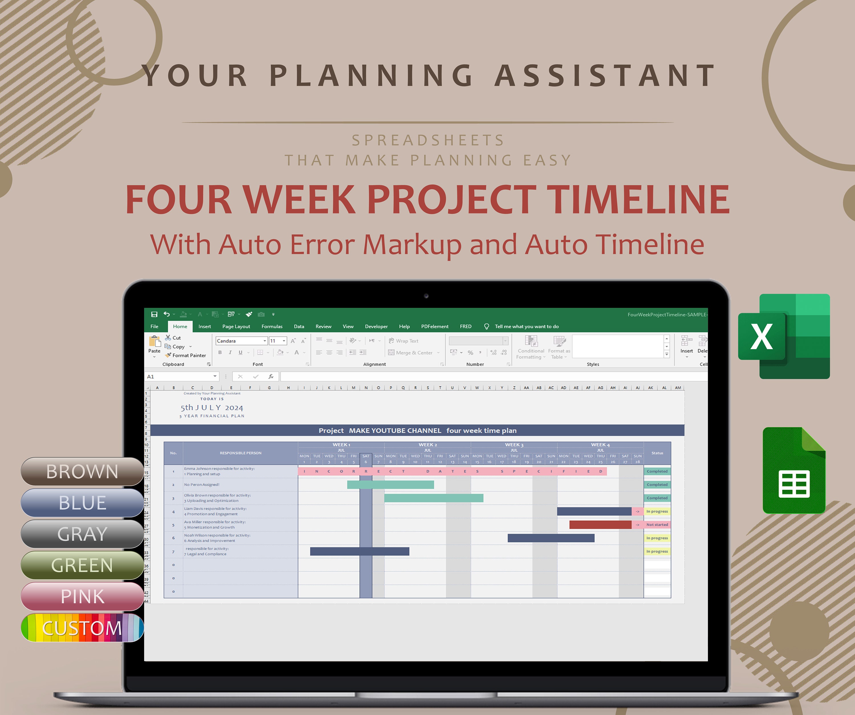 4 Week Project Timeline Spreadsheet, Auto Color Marking, Auto Time ...