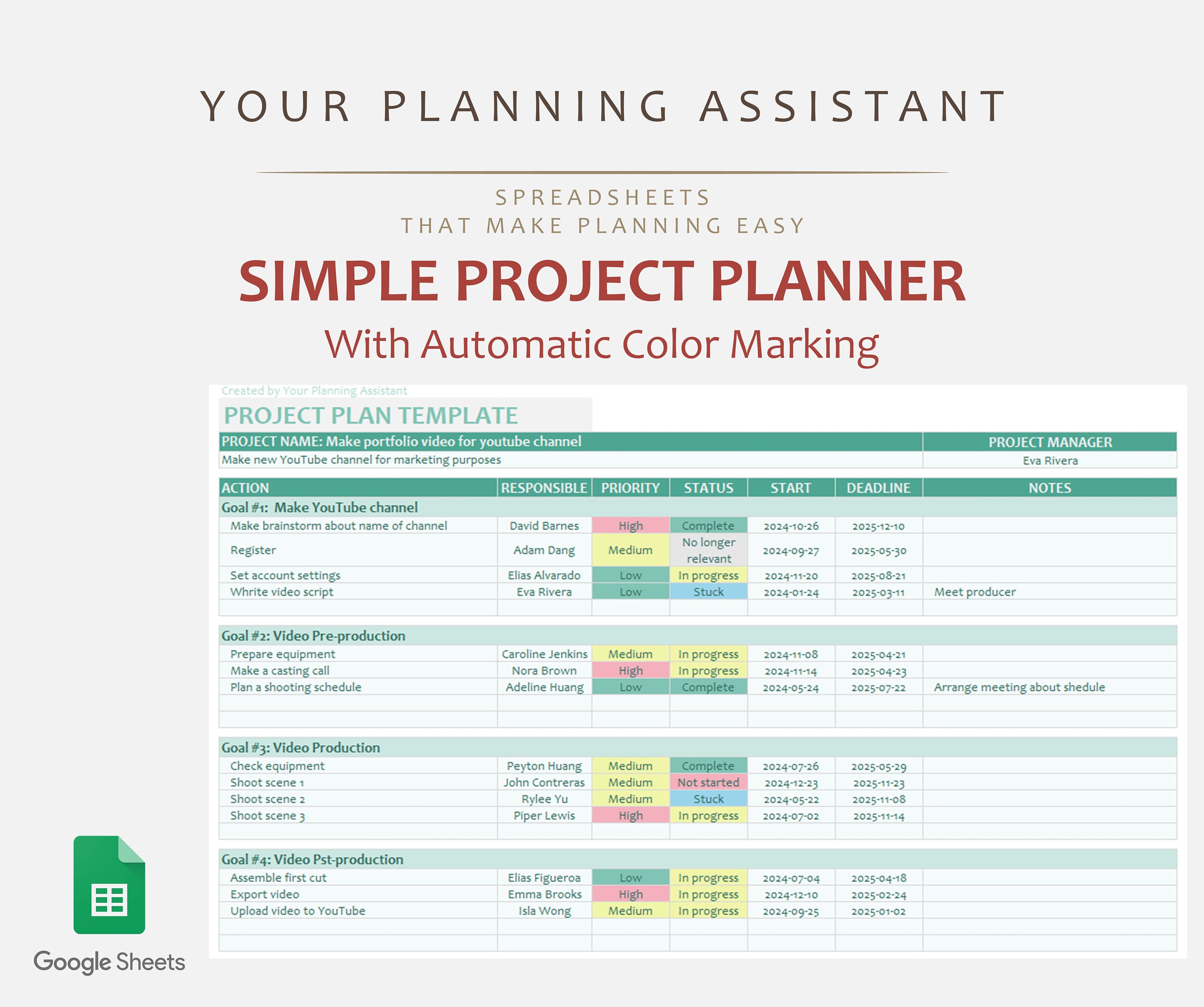 Simple Project Planning Spreadsheet, Auto Color Marking, Deadline Set ...