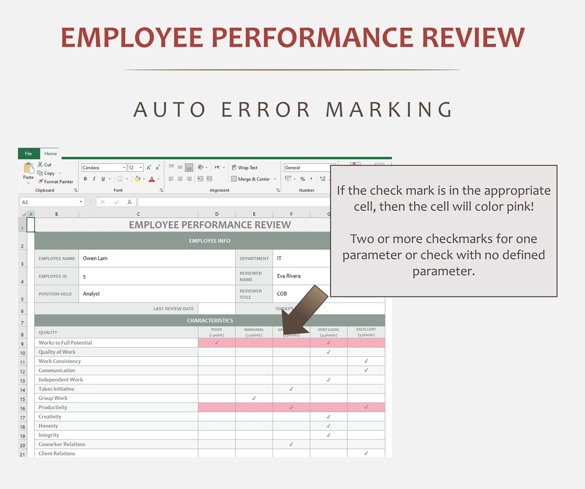 Employee Performance Review Spreadsheet, Auto Error Marking, Auto ...