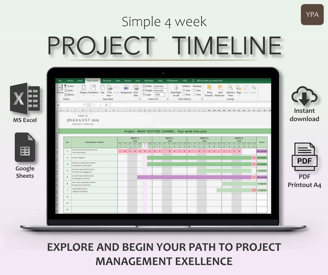 Easy Project Timeline Spreadsheet, Excel and Googlesheets, Auto Color ...