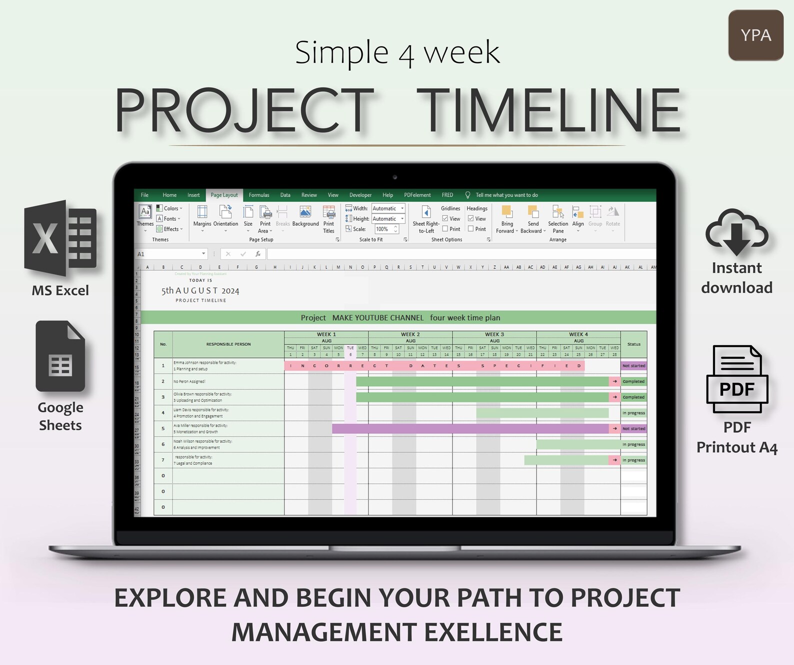 Easy Project Timeline Spreadsheet, Excel and Googlesheets, Auto Color ...