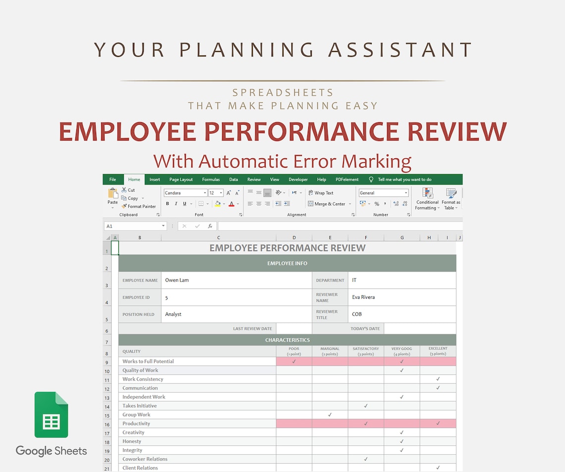 Employee Performance Review Spreadsheet, Auto Error Marking, Auto ...