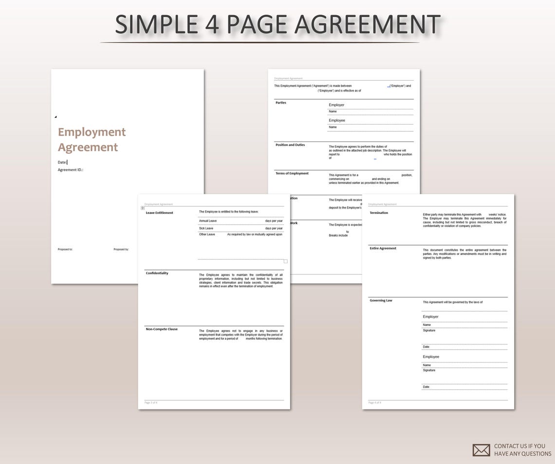 Fillable Employee Agreement PDF & Word | Instant Download HR Contract ...