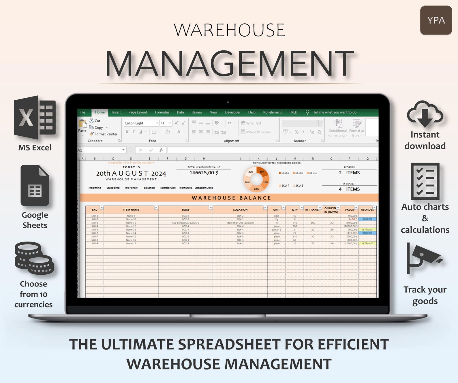 Warehouse Management Spreadsheet, Auto Reorder List, View Items in ...