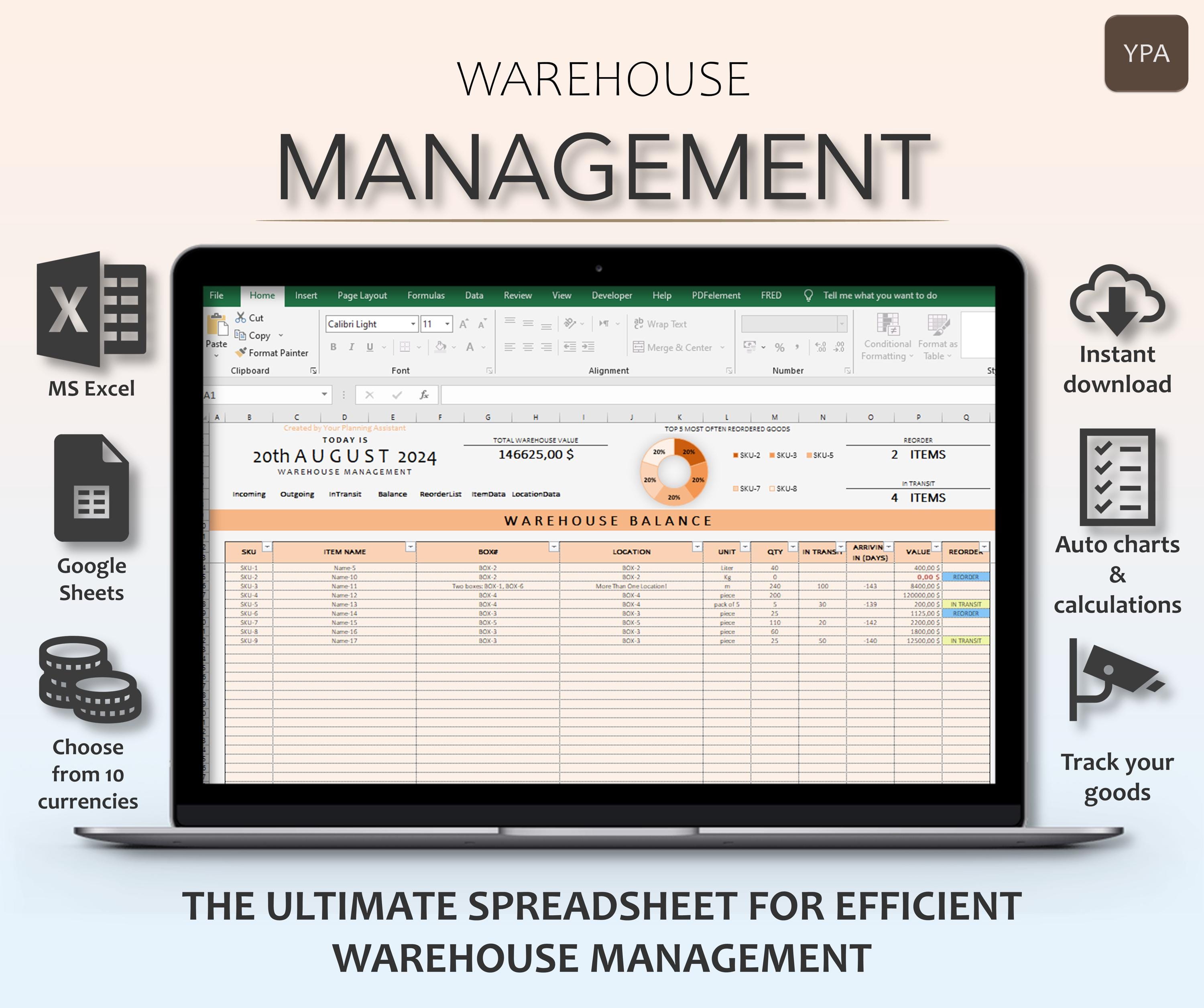Warehouse Management Spreadsheet, Auto Reorder List, View Items in ...