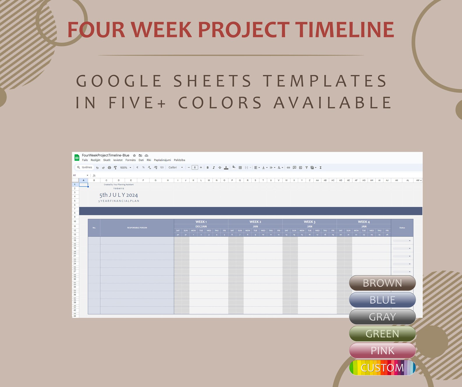 4 Week Project Timeline Spreadsheet, Auto Color Marking, Auto Time ...
