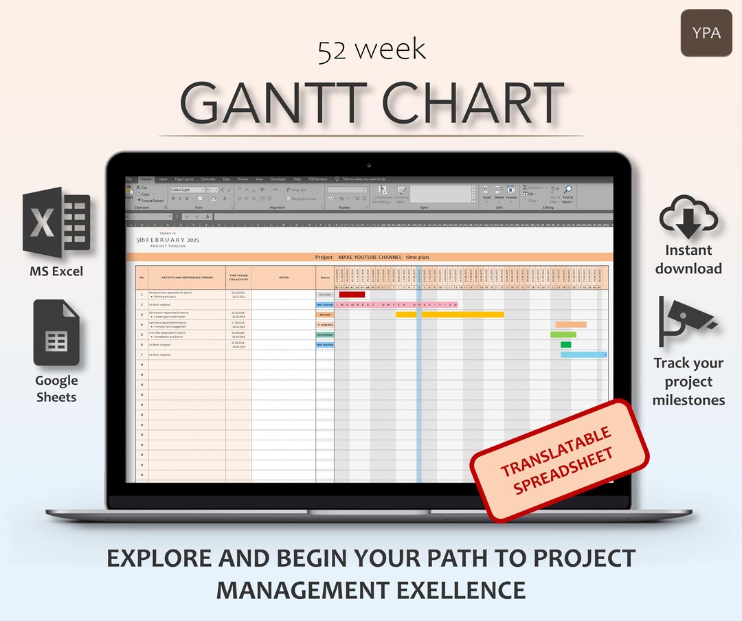 52-week Project Gantt Chart | Editable Timeline Tracker | Excel ...