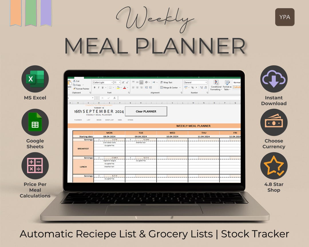 Weekly Meal Plan Spreadsheet With Auto Grocery List, Meal Prep Template ...