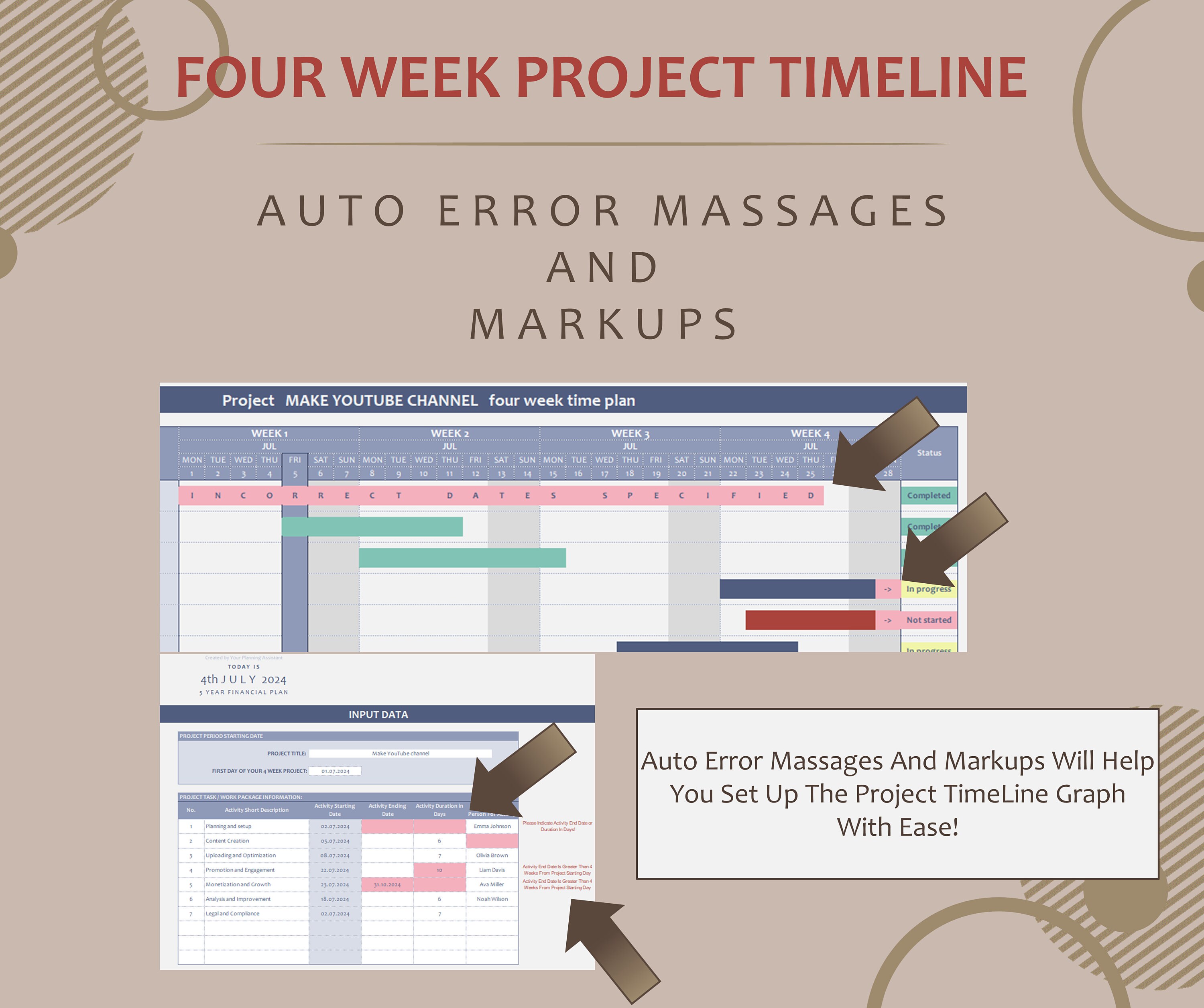4 Week Project Timeline Spreadsheet, Auto Color Marking, Auto Time ...