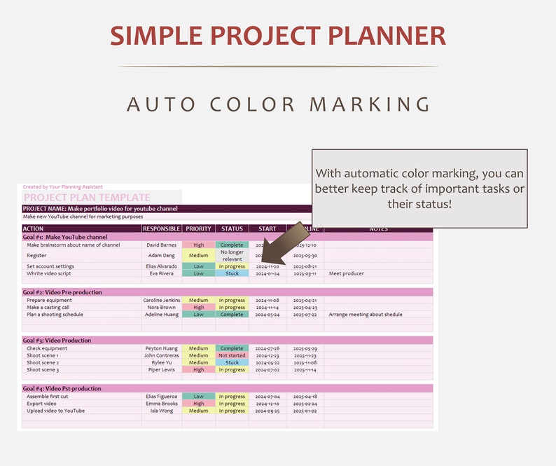 Simple Project Planning Spreadsheet, Auto Color Marking, Deadline Set ...