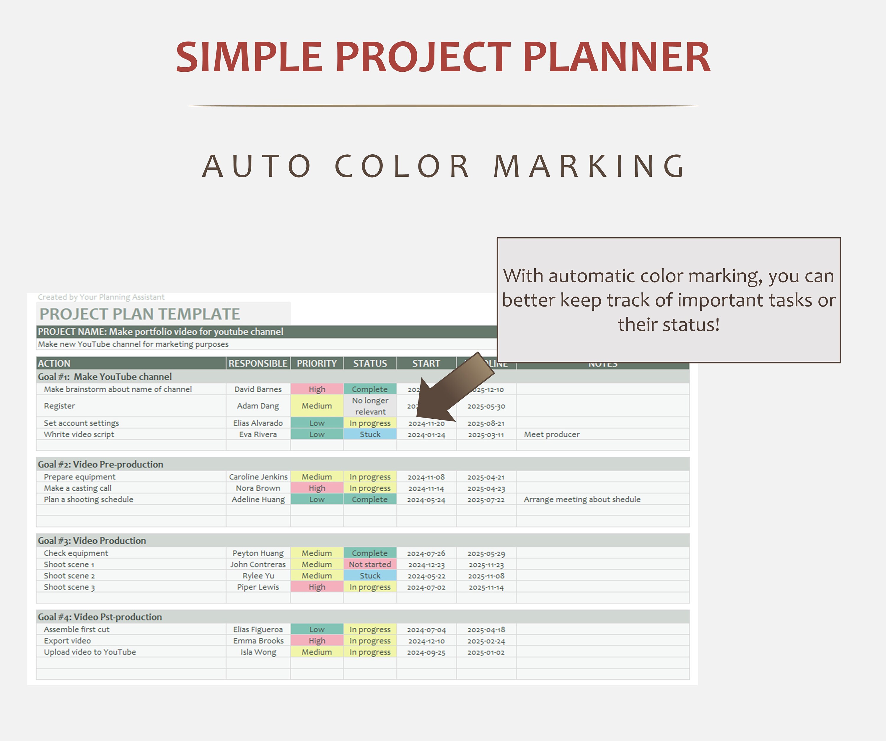 Simple Project Planning Spreadsheet, Auto Color Marking, Deadline Set ...