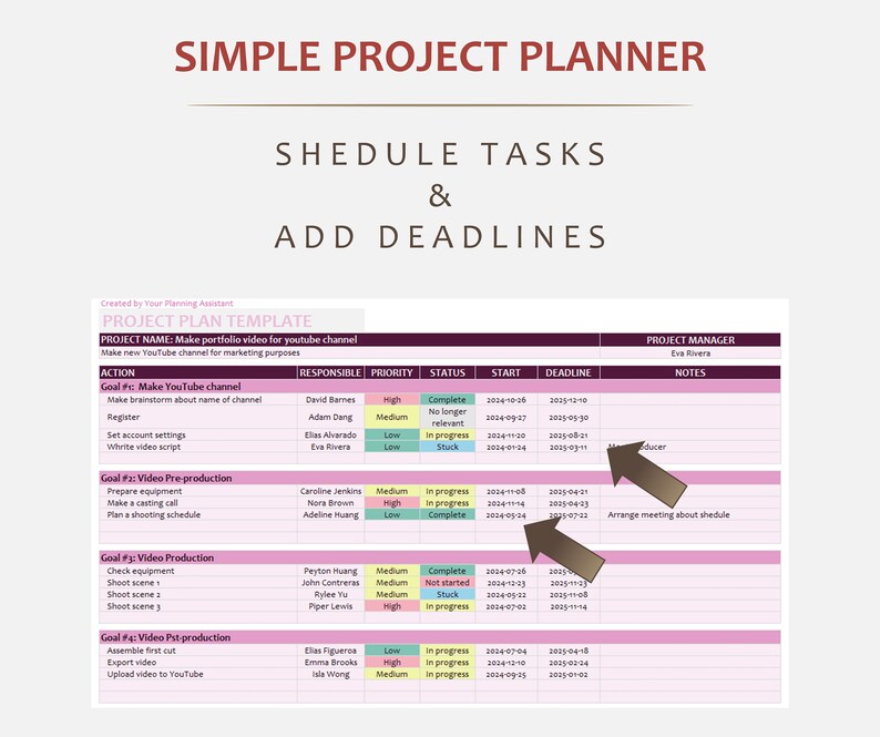 Simple Project Planning Spreadsheet, Auto Color Marking, Deadline Set ...