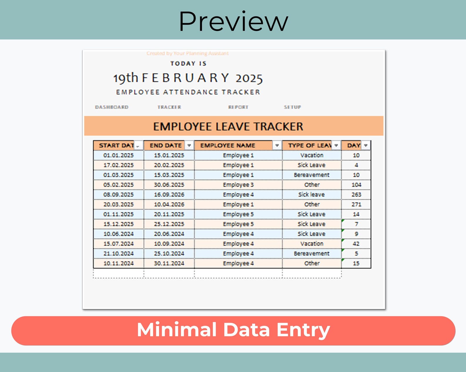 Employee Leave Tracker Spreadsheet | PTO & Absence Dashboard for Small ...