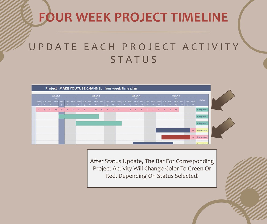 4 Week Project Timeline Spreadsheet, Auto Color Marking, Auto Time ...