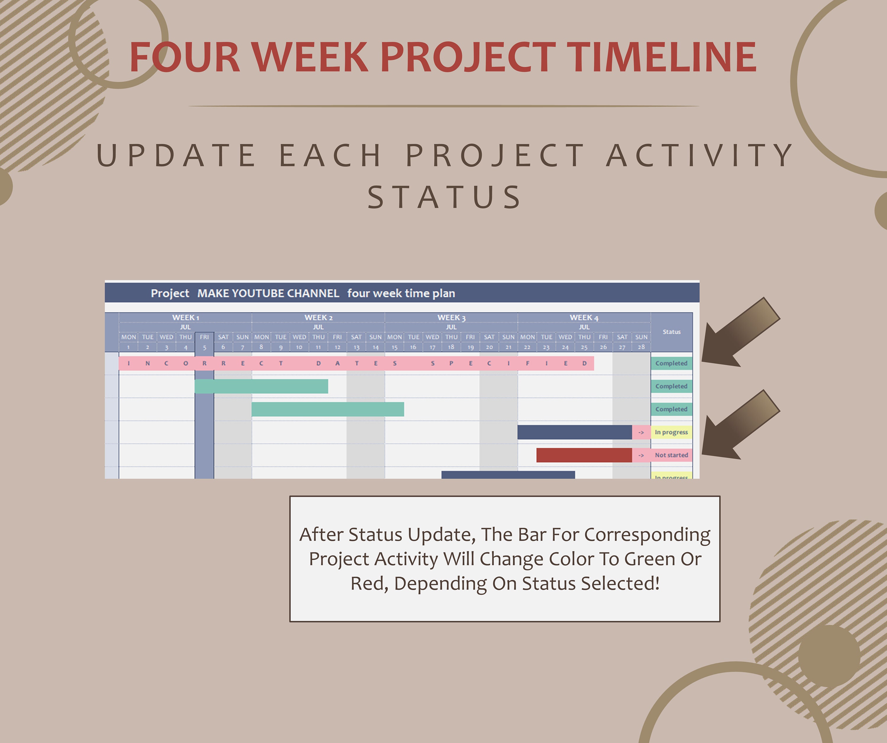 4 Week Project Timeline Spreadsheet, Auto Color Marking, Auto Time ...