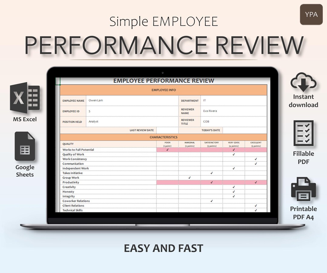 Employee Performance Review Spreadsheet | Excel & Google Sheets | HR Evaluation Tracker, Light ...