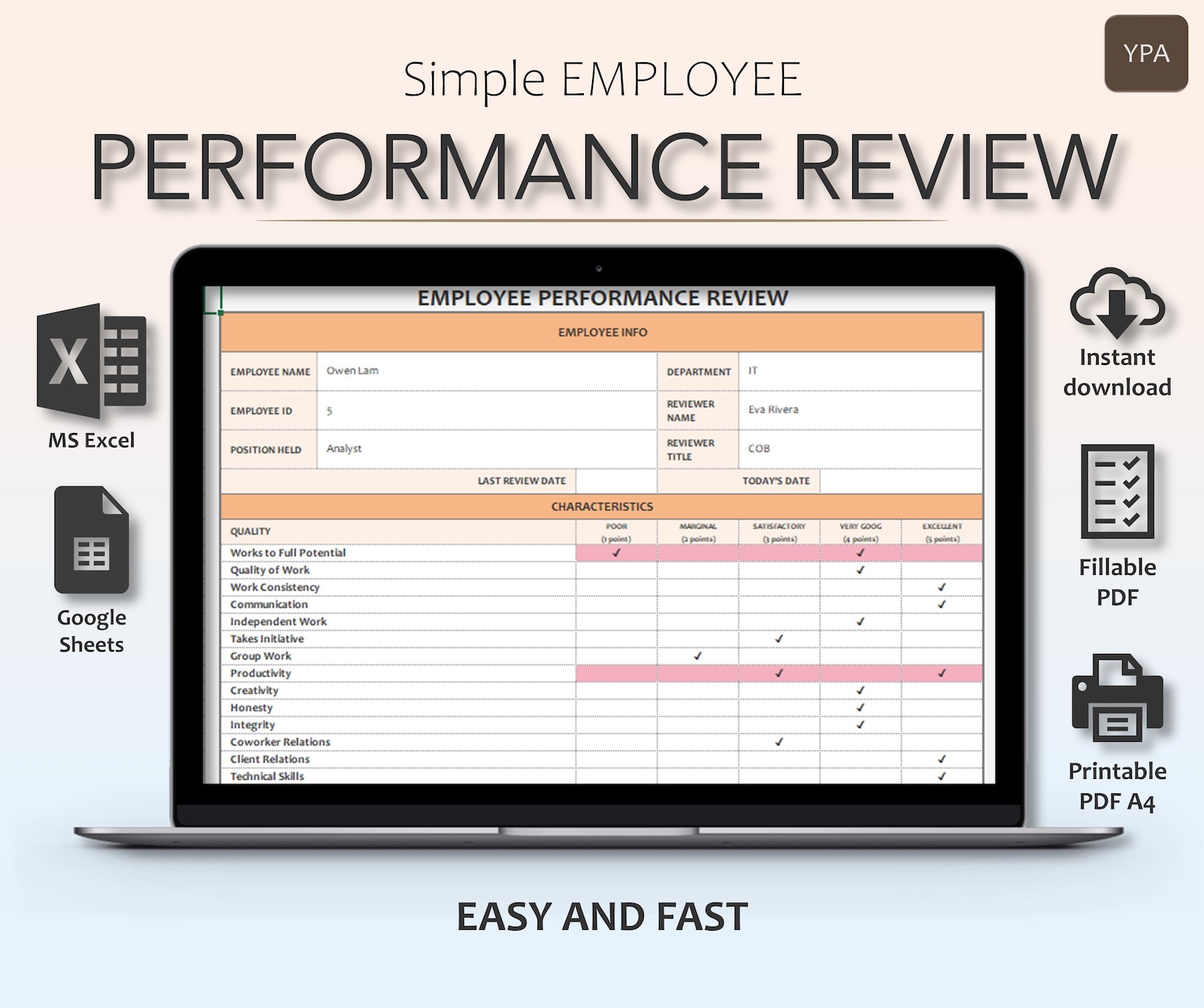 Employee Performance Review Spreadsheet | Excel & Google Sheets | HR ...