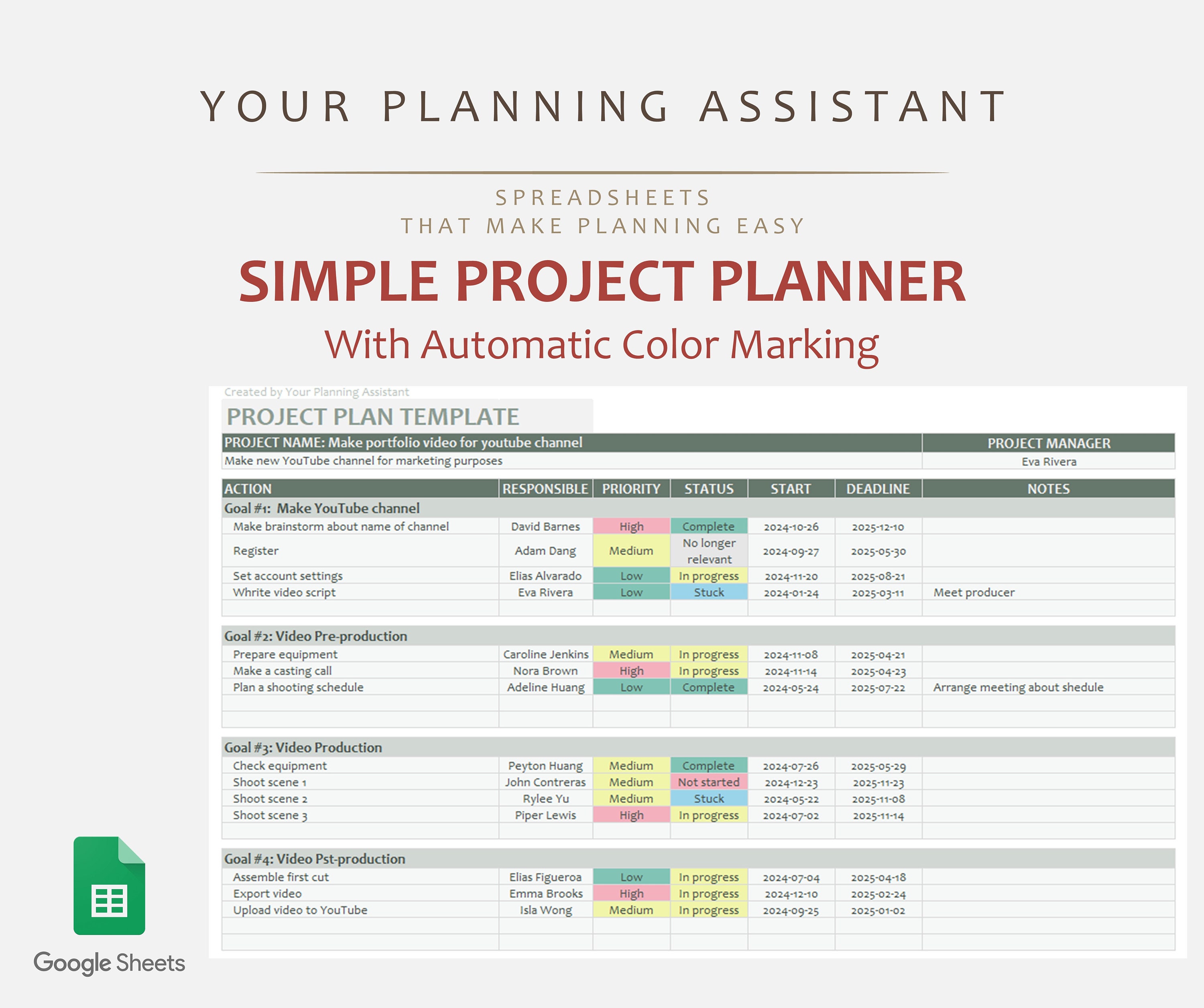 Simple Project Planning Spreadsheet, Auto Color Marking, Deadline Set ...