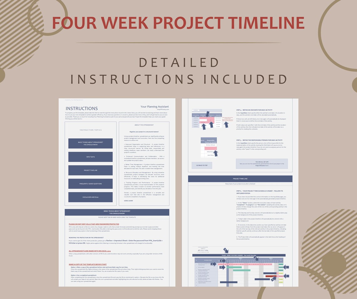 4 Week Project Timeline Spreadsheet, Auto Color Marking, Auto Time ...
