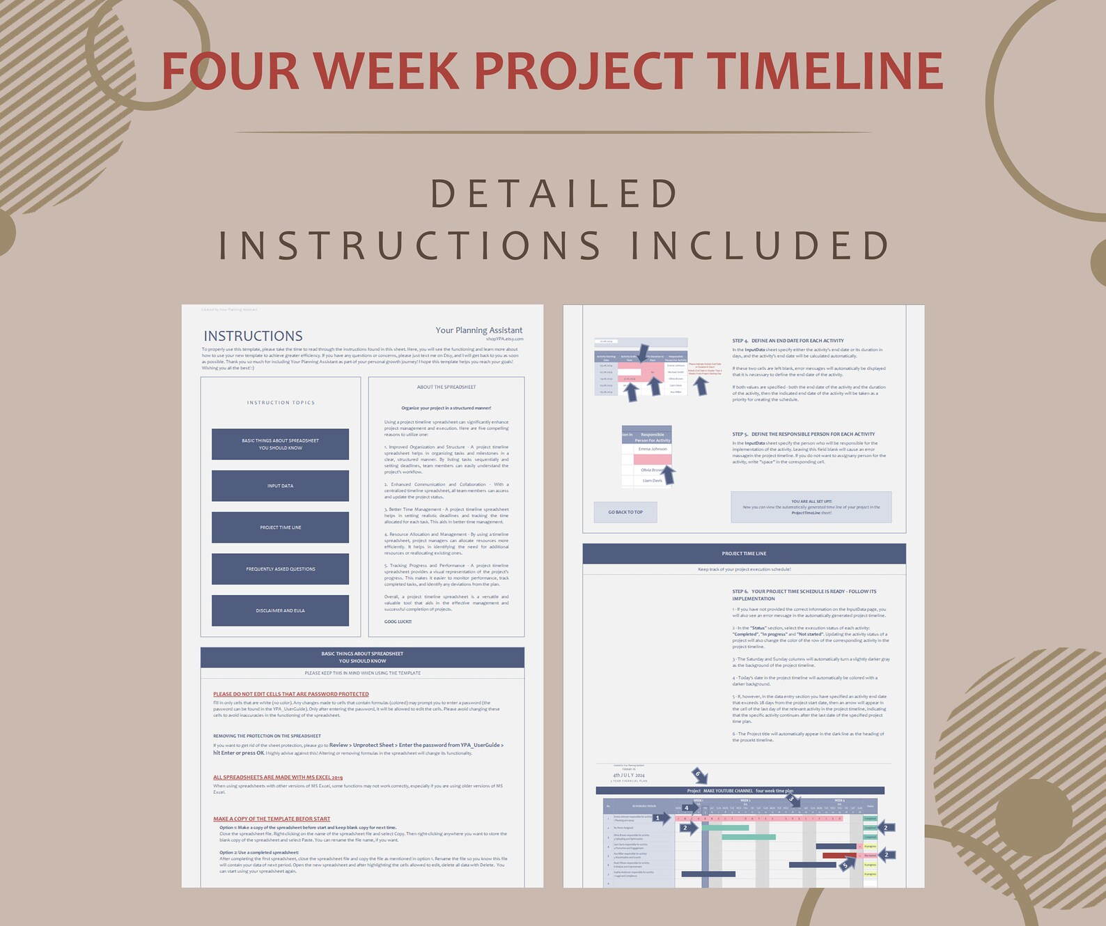 4 Week Project Timeline Spreadsheet, Auto Color Marking, Auto Time ...