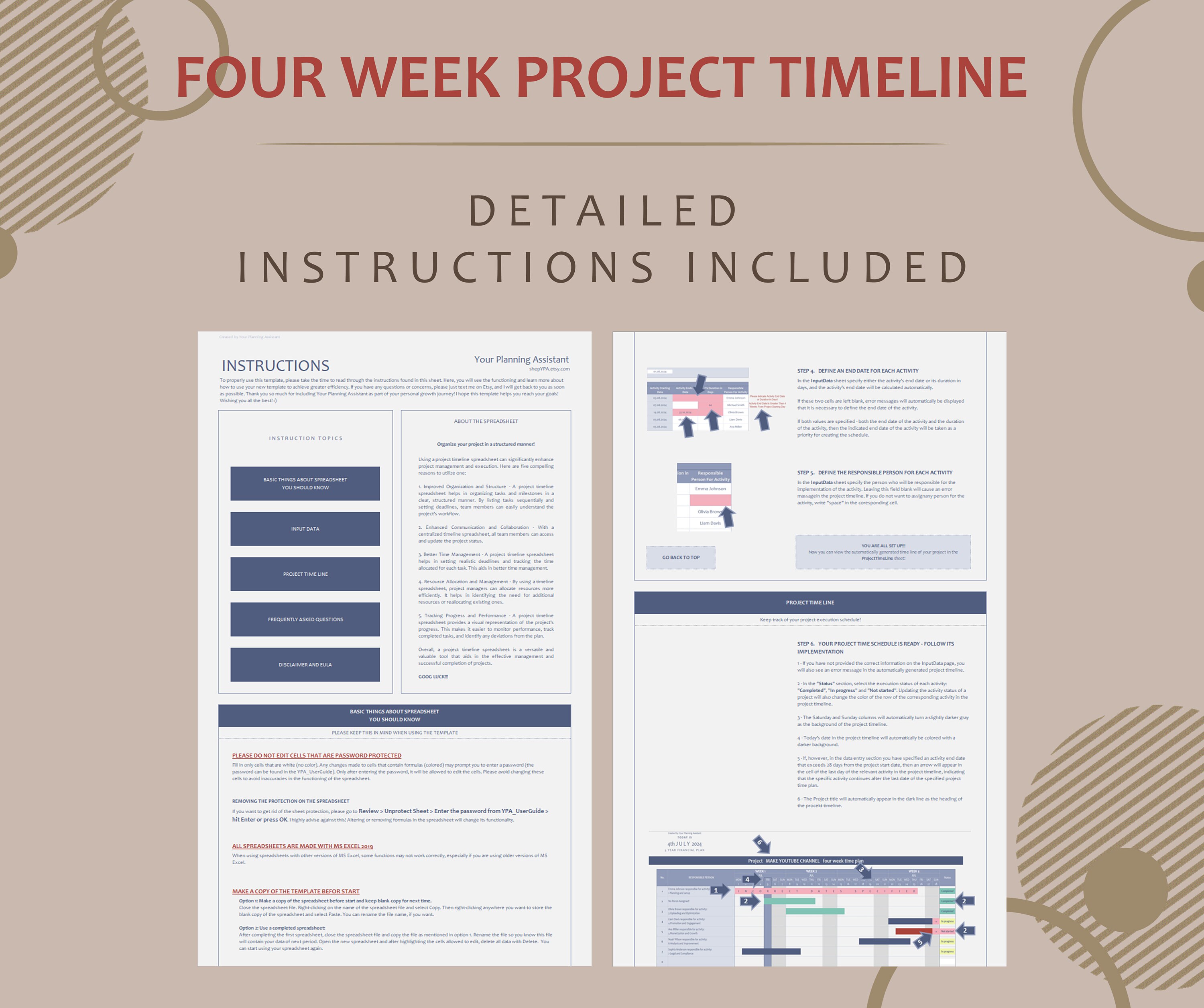 4 Week Project Timeline Spreadsheet, Auto Color Marking, Auto Time Shedule Generation, Track ...