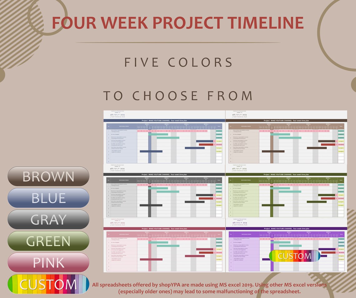 4 Week Project Timeline Spreadsheet, Auto Color Marking, Auto Time ...