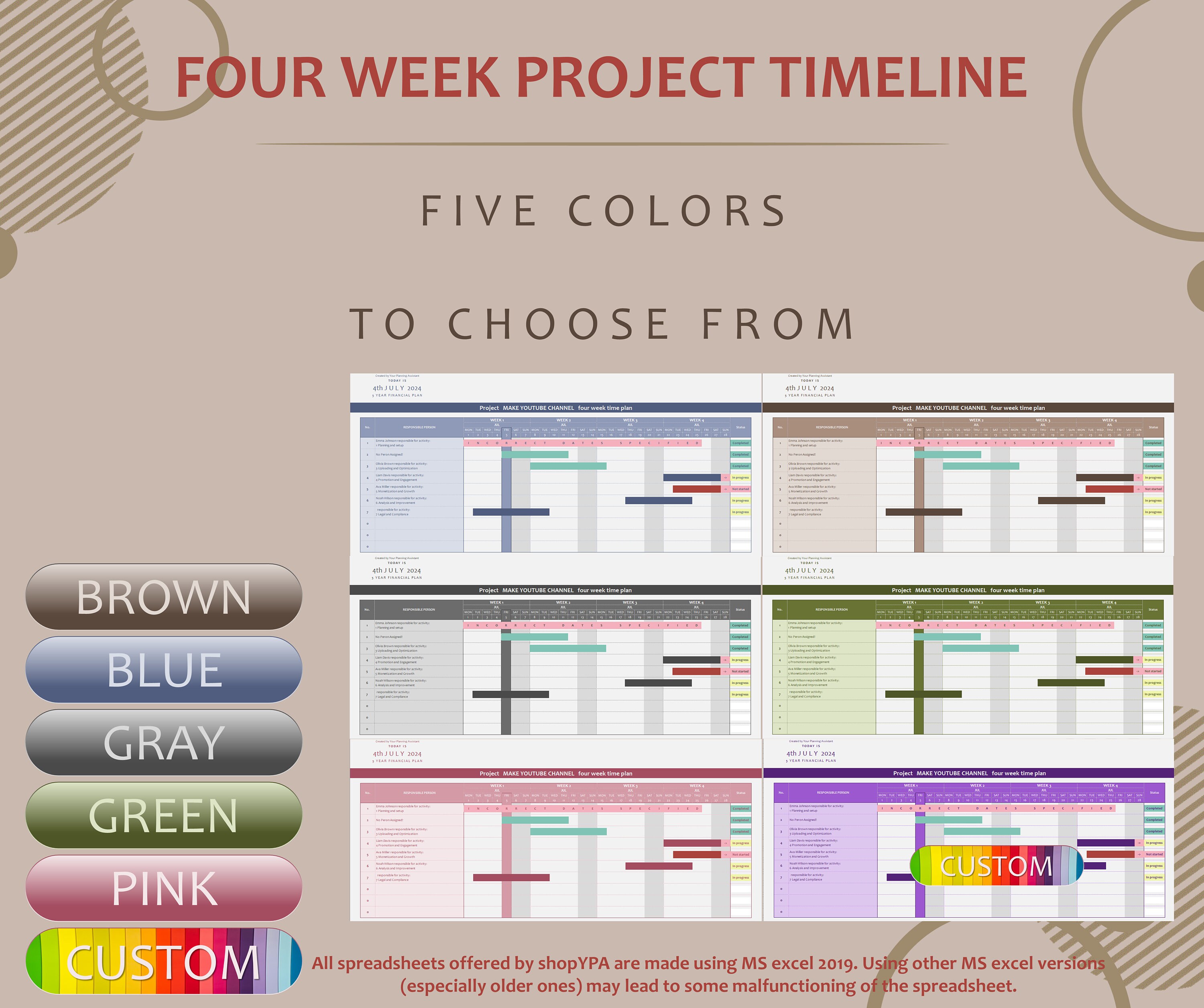 4 Week Project Timeline Spreadsheet, Auto Color Marking, Auto Time ...