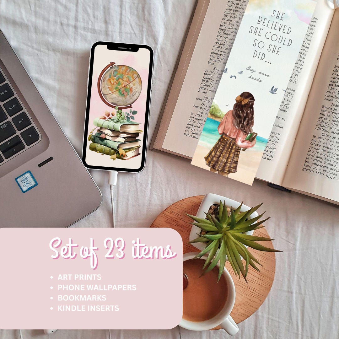 Bookish Bundle, Printable Bookmarks, Book Nook Art, Coquette Girl ...