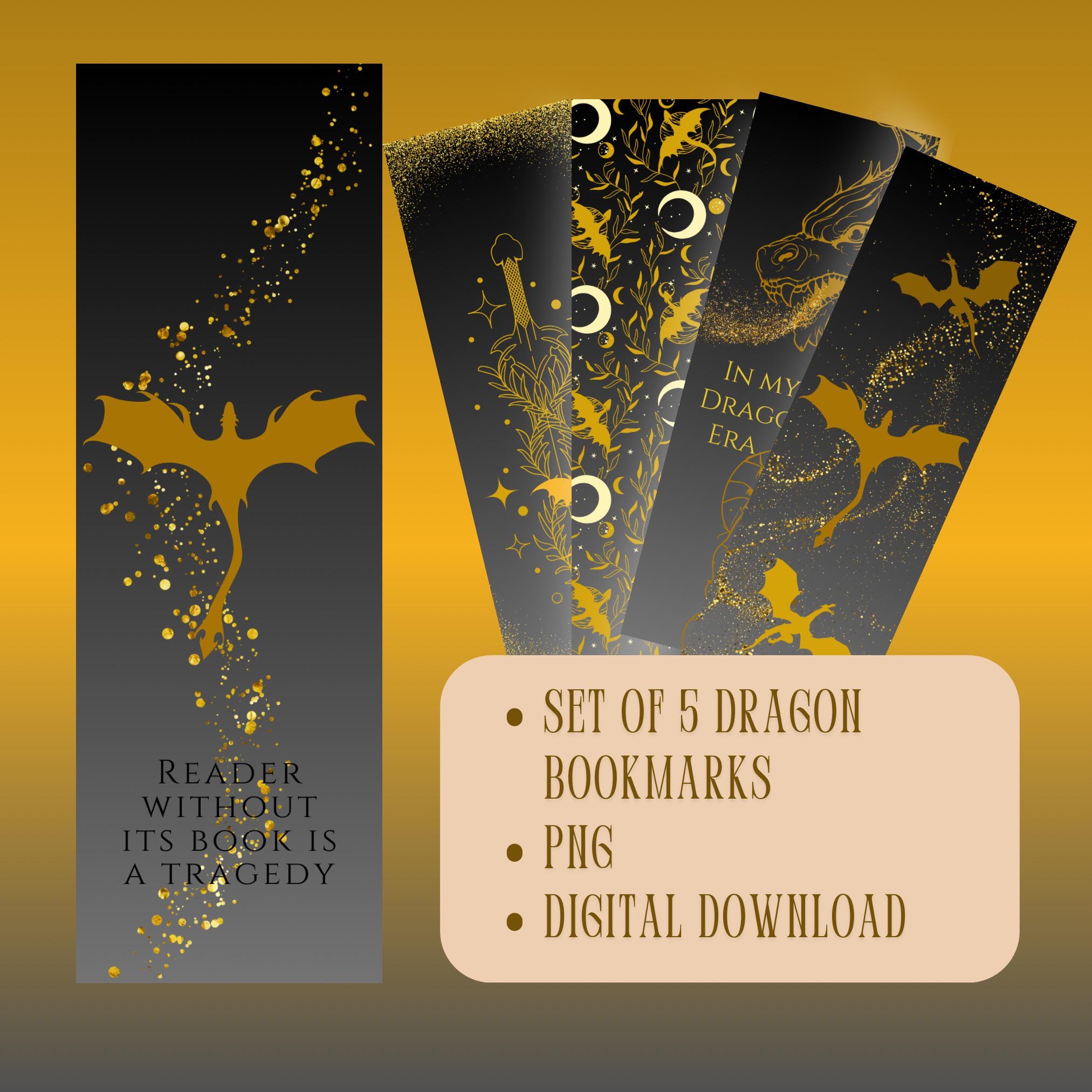 5 Dragon Bookmarks Png, Printable Bookmark, Romantasy Bookmark, Book ...