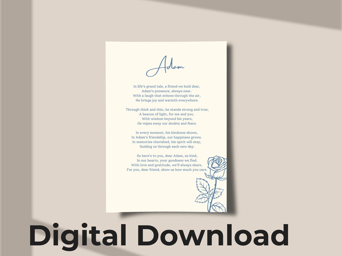 Adam Name Poem Personalized Name Poem Digital Version Unique Gift Idea ...