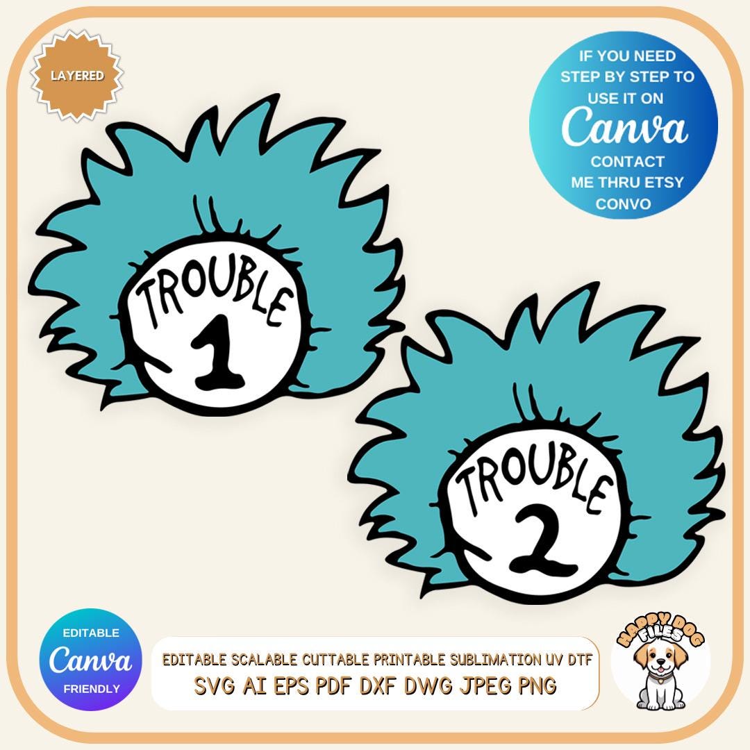 Trouble One Trouble Two Hair Layered Svg File DIY Thing 1 Thing 2 Png ...