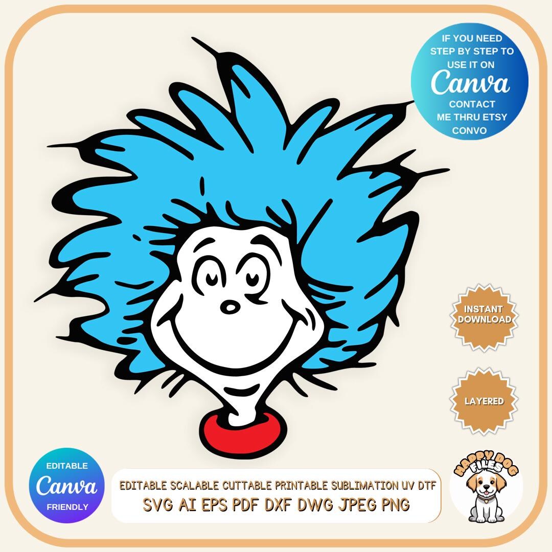 Thing One Face and Hair Layered Svg File Twin Thing 1 Dr. Seuss Png Svg ...