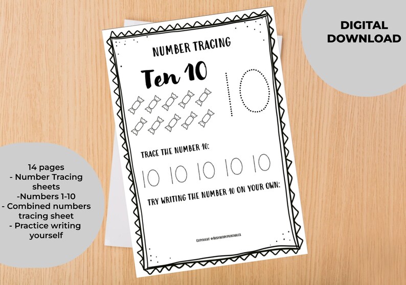 Number Tracing Worksheets Printable, Numbers 1-10, Digital Download ...