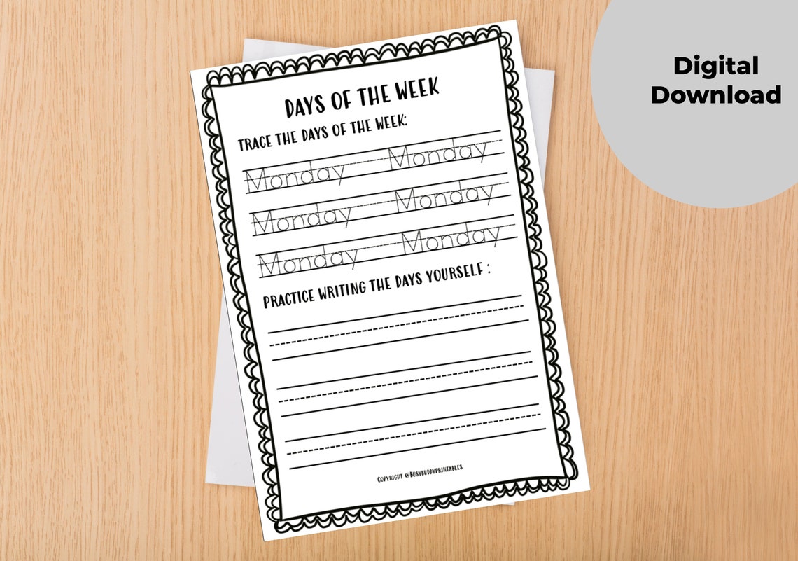 Tracing Days of the Week Printable, Tracing Printable for Pre-k ...