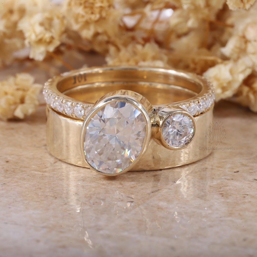 Wide Band Lab Grown Oval Cut Engagement Ring Set, Ring for Women, Oval ...