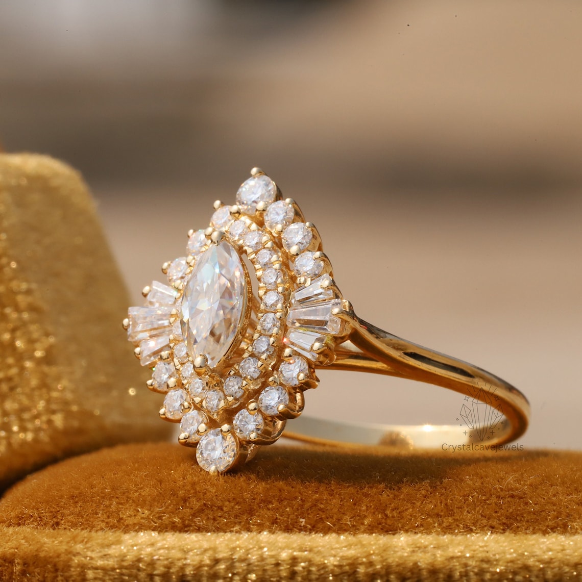 Marquise Double Halo Engagement Ring Marquise Moissanite Anniversary Ring 14K Solid Yellow Gold ...