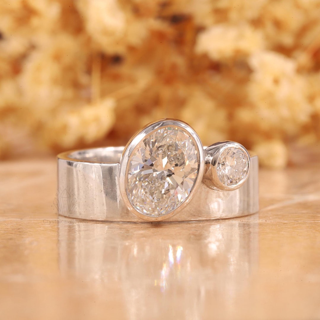 Wide Band Lab Grown Oval Cut Engagement Ring , Ring for Women, Bezel ...